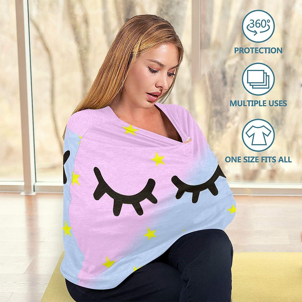 Eyelashes with Yellow Stars Baby Car Seat Covers, Nursing Cover Breastfeeding Scarf Soft Breathable Stretchy Coverage, Infant Stroller Cover for Boys Girls