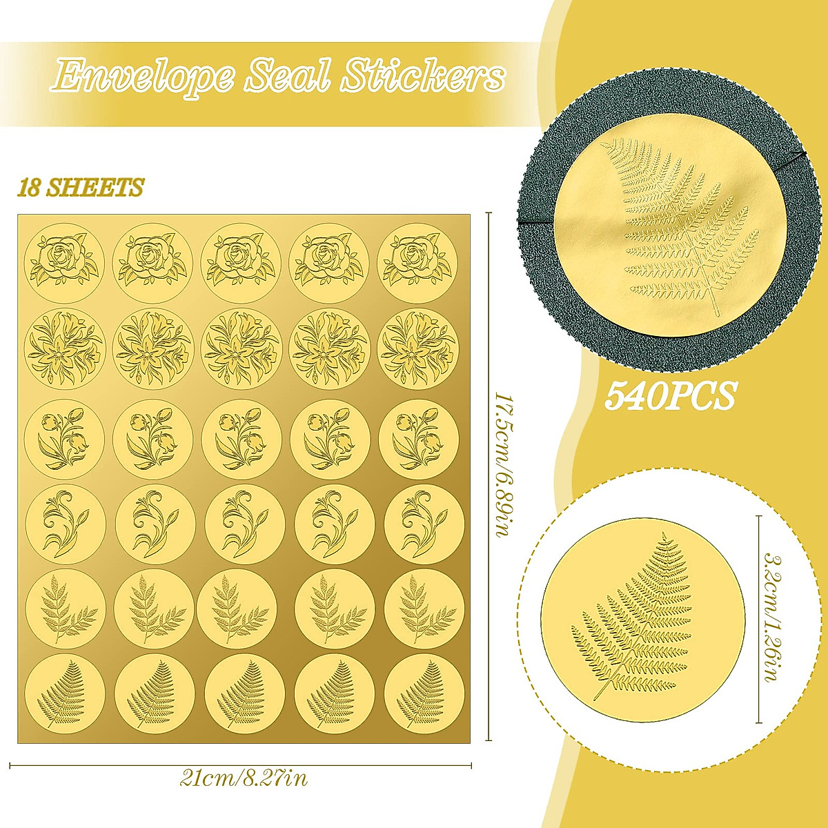 540 Pcs Gold Embossed Envelope Seals Stickers Flowers Plants Self Adhesive Seal Stickers Wax Seals Stickers for Wedding Invitations Greeting Cards Party Certification DIY, 6 Styles