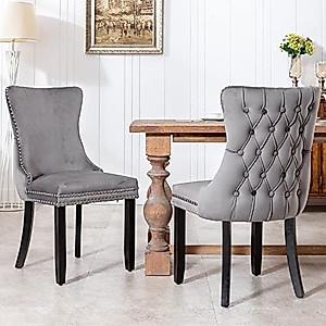 DKLGG Velvet Dining Chairs Set of 2, Upholstered Dining Room Chairs Cozy Wing-Back Dinner Chairs with Backstitching Nailhead Trim & Solid Wood Legs for Kitchen & Dining Room Chairs Living Room, Grey