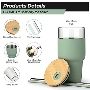 kytffu Tumbler with Lid and Straw, 24 oz Glass Tumbler Fits Cup Holder, Smoothie Cup Iced Coffee Tumbler for Bubble Tea, Water, Juice, With Silicone Sleeve Straw Cleaning Brush, Olive
