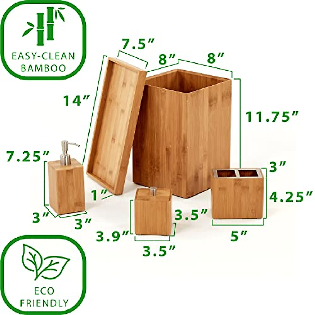 Seville Classics Bamboo Wood Bathroom Vanity Organizer Set with Soap Dispenser & Tooth Brush Trash Bin, Cotton Ball & Q-Tip Holder, Towel Tray, 5 Piece