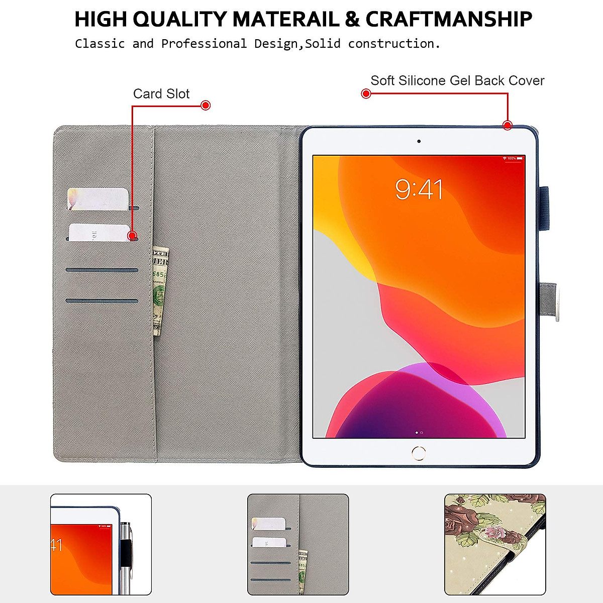 Case for iPad 9th/8th/7th Generation 10.2" (2021/2020/2019 Release), Techcircle 3D Pattern Slim Folding PU Leather Stand Flip Multi Credit Card Slots Wallet Cover with Pencil Holder, Flower Butterfly