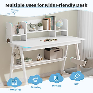 DELAVIN 47.24" Solid Wood Kids Desk and Chair Set, White Writing Desk with Drawers and Hutch for Kids, Kids Computer Table and Chair Set for Study Room, Bedroom, White