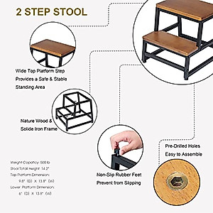 Step Stools for Adults Kids, Heavy Duty Wooden Step Stool for High Bed Kitchen Bathroom - Holds Up to 500 Lb by RORKEE, Wide, Metal, Industrial Design(Dark Walnut)