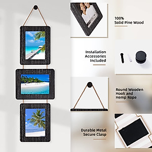 ABSWHLM 5x7 Picture Frames Rustic Wood Hanging Picture Frames 3 Opening Photo Frame Display 4"x6" Pictures with Mat or 5"x7" Without Mat, Weathered Black