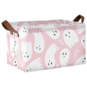 CEBUGI Pink Cute Halloween Apparitions Large Waterproof Collapsible Storage Bin Foldable Canvas Fabric Open Storage Basket Cube Box with Iron Frame