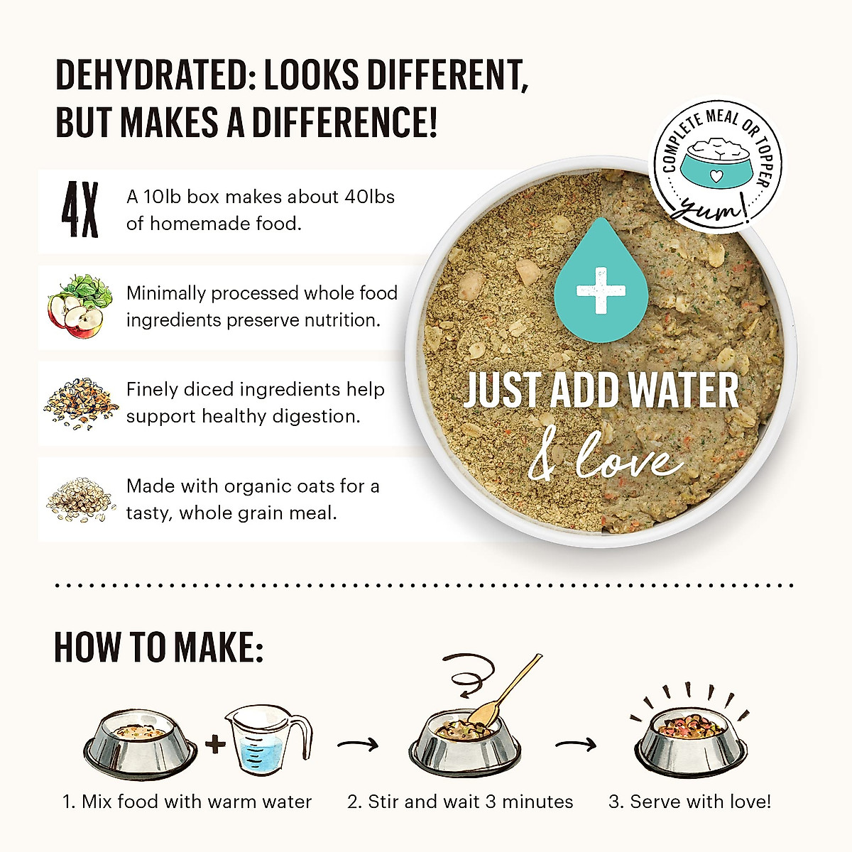 The Honest Kitchen Human Grade Dehydrated Whole Grain Dog Food – Complete Meal or Dog Food Topper – Beef 4 lb (makes 16 lbs)