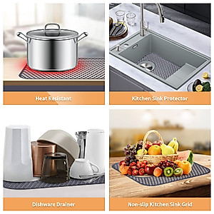 LONGFITE Sink Protector Mats 2 Pcs Silicone Kitchen Sink Mat Draining Heat Proof Mat with Rear Center Drain (Rear Drain)