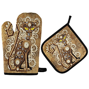 Aslsiy Steampunk Cat Oven Mitts Pot Holders Vintage Style Kittens Oven Glove Hot Pads Cooking Kitchen Heat Resistant Hot Pads for Microwave BBQ Baking Grilling Gifts