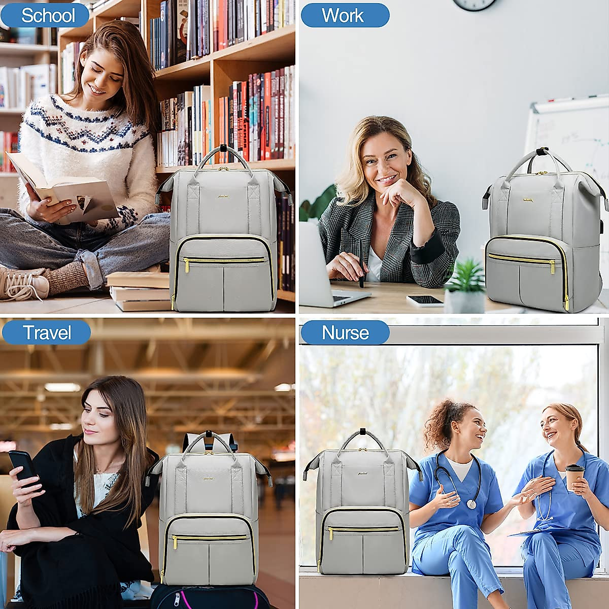 Focdod Women Laptop Bags Teacher Backpack: 15.6 Inch Nurse Backpack with USB Port Work Bag Anti-theft Travel Daypack Stylish Computer Bookbag Waterproof for School Business Woman(Light Grey)