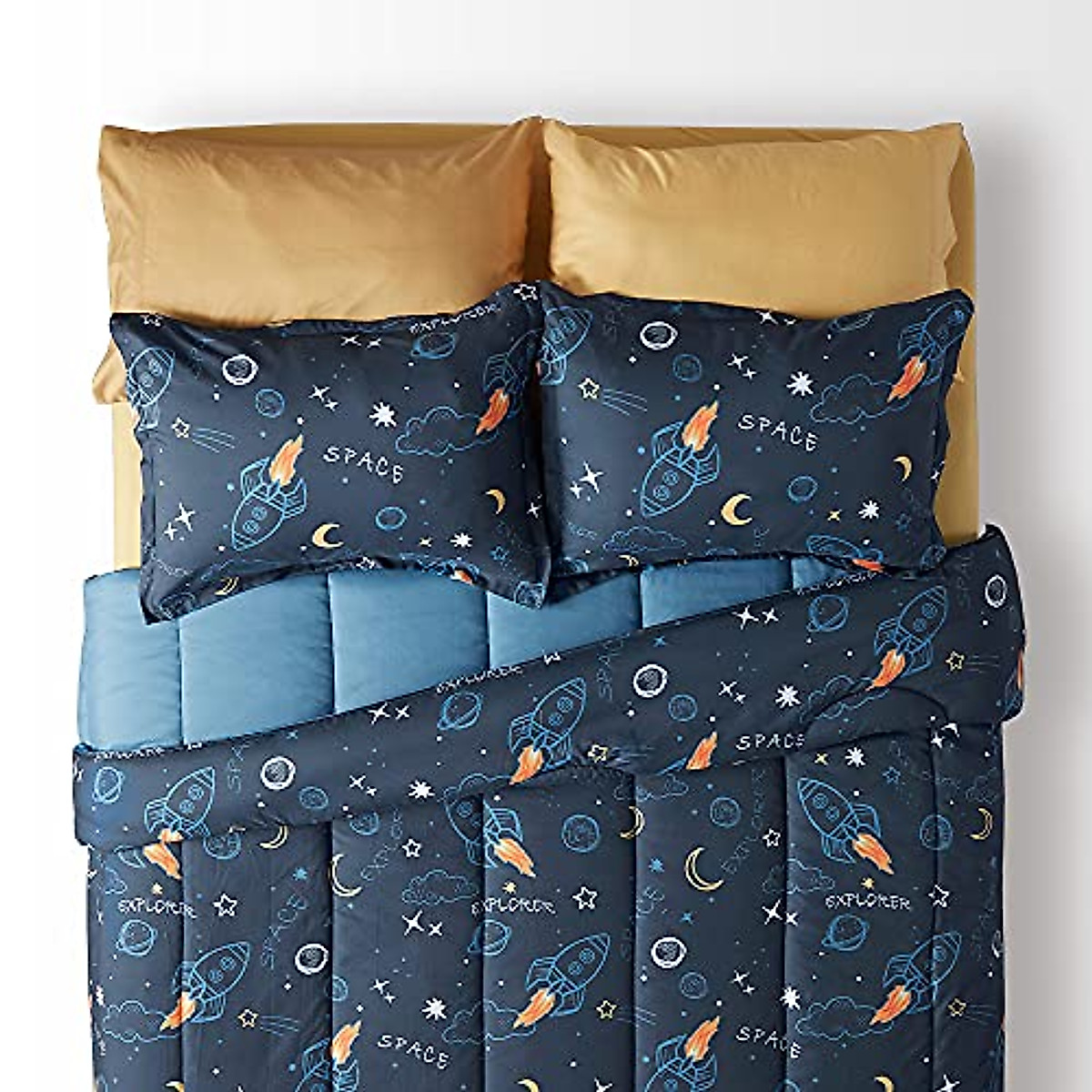 SLEEP ZONE Kids Twin Bedding Comforter Set - Super Cute & Soft Kids Bedding 5 Pieces Set with Comforter, Sheet, Pillowcase & Sham (Space Rocket)
