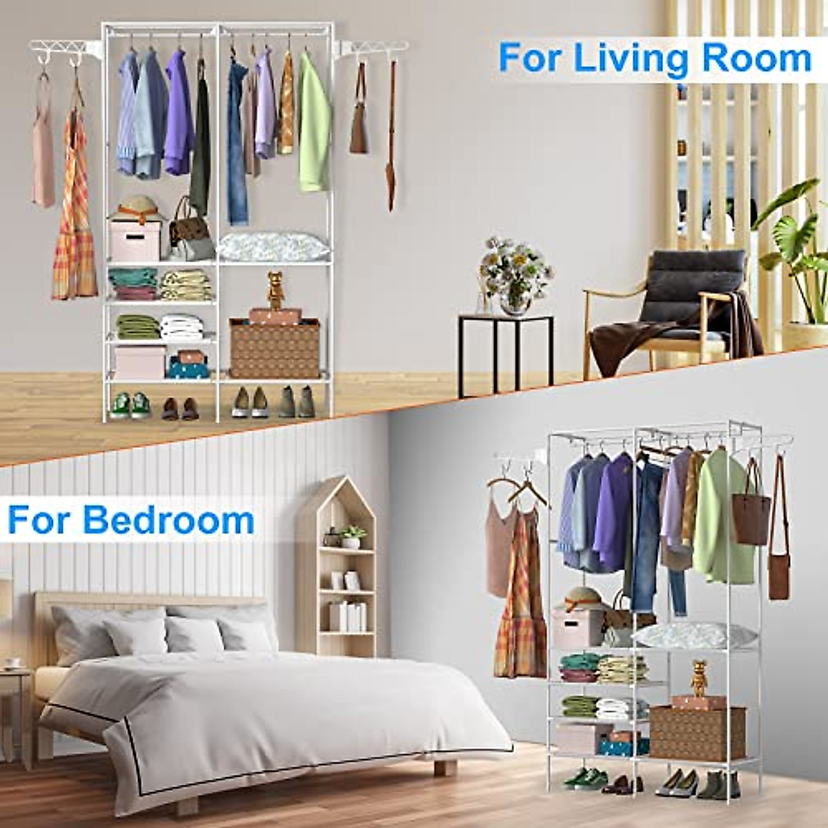 TeqHome Garment Rack, 42'' Freestanding Clothes Rack Shoe Clothing Organizer Shelves, Multifunctional Clothes Wardrobe with 4 Hooks & 2 Hanging Rods, Coated Iron Frame, Easy Assembly, Max Load 350lbs