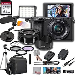 Sony a6400 Mirrorless Camera with 16-50mm Lens 64GB Memory,Videl Microphone, LED Video Light, Case. Tripod, Filters, Hood, Grip, & Professional Video & Photo Editing Software Kit