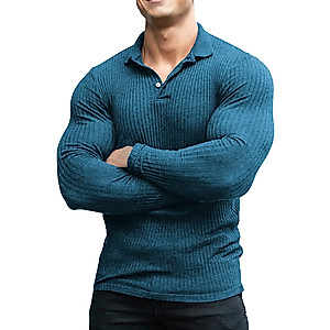 COOFANDY Mens Long Sleeve Polo Shirt Knit Pullover Golf Tops Sweater T Shirts Blue