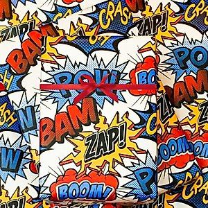 Celebrate Next SuperHero Bow Pow Gift Wrap Wrapping Paper Folded with Gift Tags