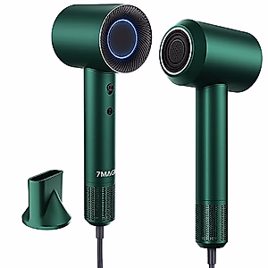 7MAGIC High-Speed Hair Dryer with 110,000RPM Brushless Motor for Fast Drying, Low Noise Blow Dryer with Tri-Colour LED Light Ring, 1400W Ionic Hair Dryer for Home and Travel, Magnetic Nozzle, Green