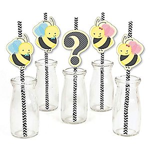What Will It Bee - Paper Straw Decor - Gender Reveal Striped Decorative Straws - Set of 24