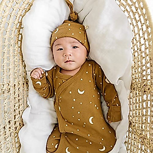 MakeMake Organics GOTS Certified Organic Cotton Kimono Knotted Blanket Tie Swaddle Hat Set Mittens Baby Boys Girls (Moonlight, 0-3 Months)