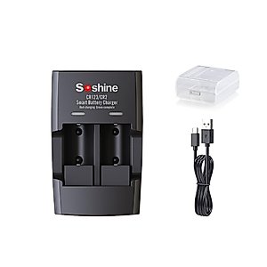 YDYDYYD Li-ion Battery Charger for 3.7V Li-ion RCR123 16340、 CR2 14250 15266, with USB C Charging Cable and 2 Slots Battery Storage Box, for Camera、 Toys、 Flashlight Battery Charger