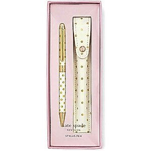 Kate Spade New York Black Ink Ballpoint Pen with Stylus Tip and Storage Pouch, Gold Dots
