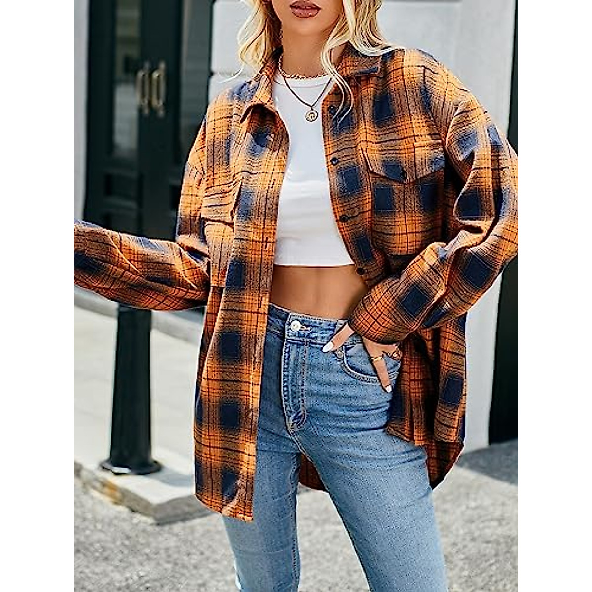 Womens Plaid Shirts Casual Long Sleeve Button Down Buffalo Flannel Shacket Loose 2023 Fall Blouse Tops Yellow
