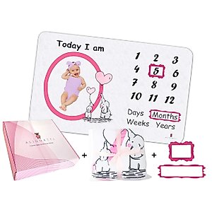 Baby Monthly Milestone Blanket Girl - Soft Newborn Baby Milestone Blanket, Age Personalized Baby Blankets, Growth Chart Months Baby Blanket, Prop Customized Elephant Blanket Shower, Gift Box +2 Frames