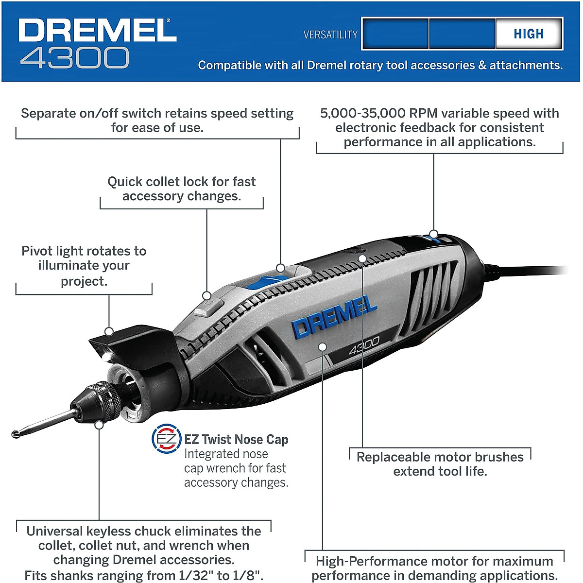 Dremel 4300-5/40 High Performance Rotary Tool Kit & 225-01- Flex Shaft Rotary Tool Attachment with Comfort Grip and 36” Long Cable - Engraver, Polisher, and Mini Sander