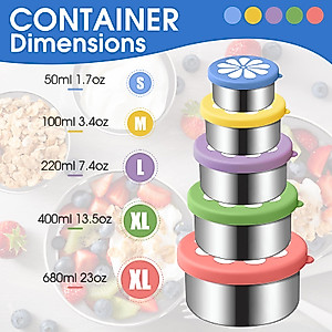 Hippywell Stainless Steel Food Containers with Silicone Lids, Leakproof Metal Lunch Box Set for Kids, Snack Boxes for Travel, 5Pcs Stainless Steel Containers, 1.7OZ up 23OZ