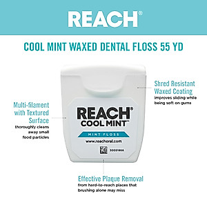 REACH Listerine Cool Mint Dental Floss 55yd, Plaque Remover, Shred Resistant, Waxed, Easy on Gums & Teeth, Fresh Mint, PFAS-Free, Fresh Breath, for Adults & Kids, 1 Pack