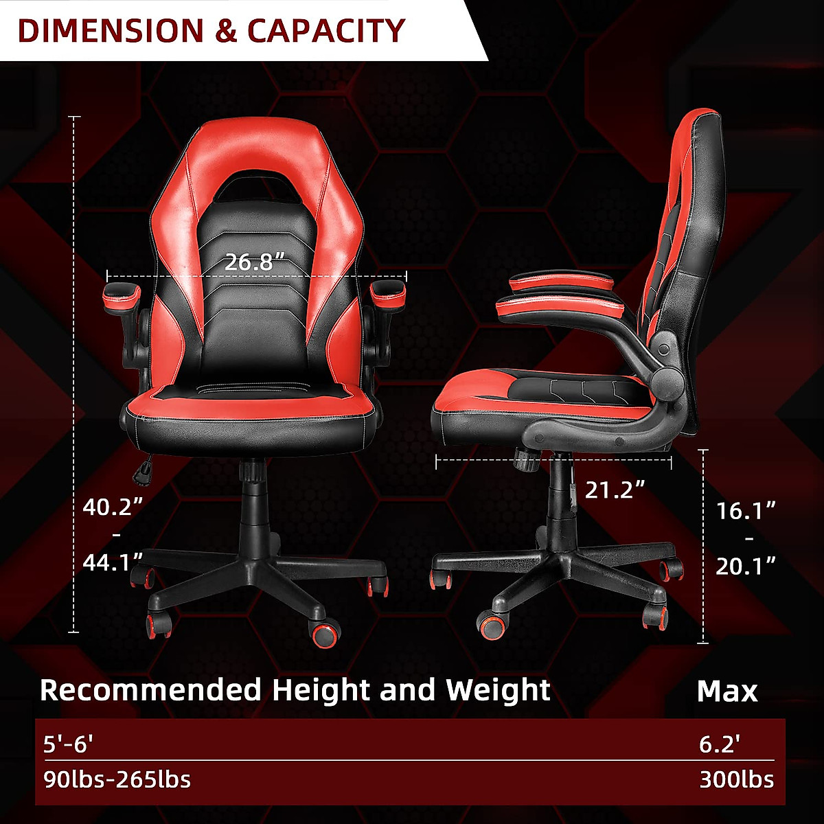 MUZII Office Desk Chairs, Computer Gaming Chairs, Desk Chair with Padded Armrests and Flip-up Armrests Video Game Chairs for Teens, Red