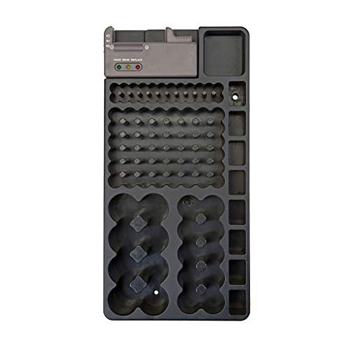 Wall Mounted Battery Organizer with Built-in Tester | Dimensions: 13.8" x 6.9" x 1.7" | Holds 98 Batteries | Wall Mounted | Battery Tester