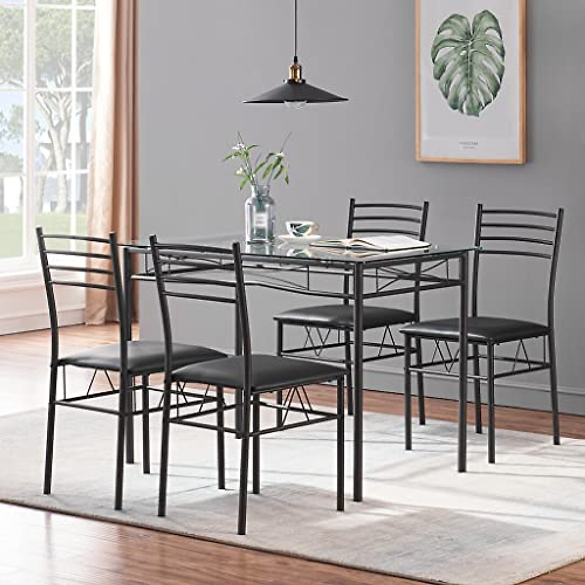 VECELO Kitchen Dining Room Table and Chairs 4, 5-Piece Dinette Sets, Space Saving, Matte Black