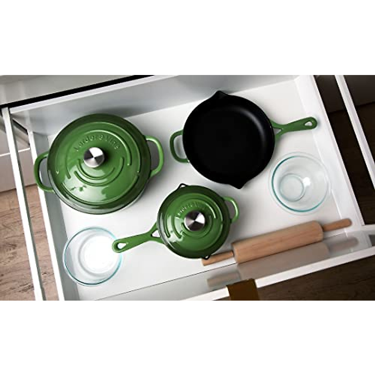 Larder & Vine 5 Piece Enameled Cast Iron Cookware Set, Oven Safe and Compatible with all Cooktops - includes 5.7 QT Dutch Oven and 2.2 QT Saucepan with lids and 10.25" Skillet (Okra)