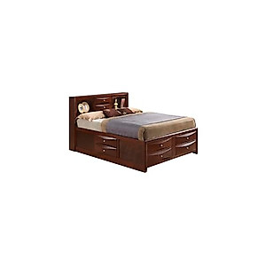 HomeStock Beachy Boho Low-Profile Storage Bed - Cherry Finish with Dovetailed Drawers and Open Shelves for Stylish Bedroom Organization Queen