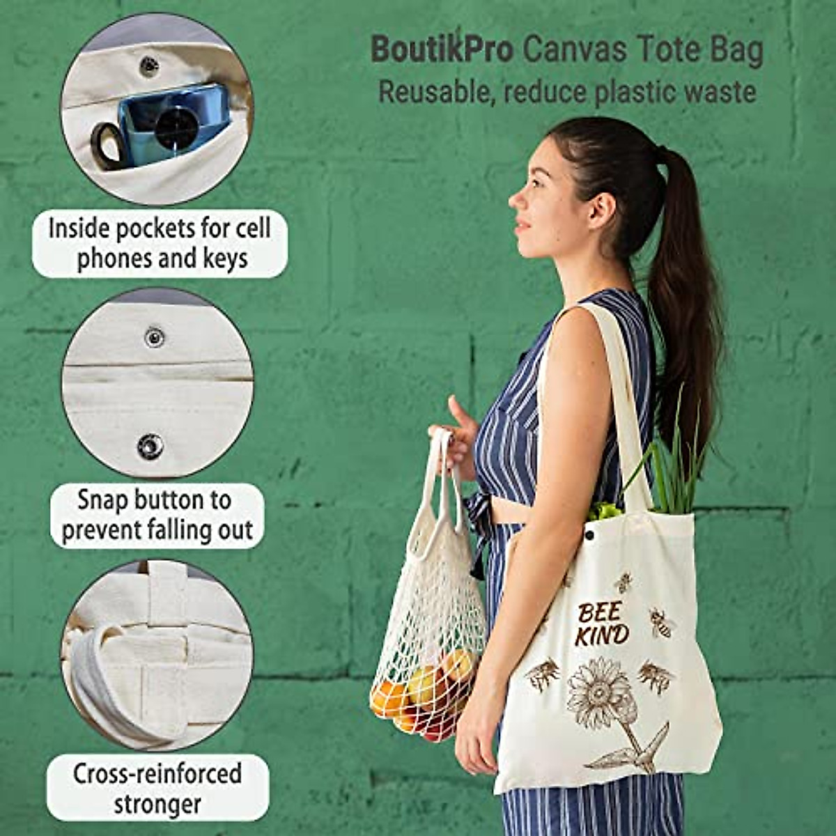 boutikpro Bee Kind Canvas Tote Bag, Aesthetic Cotton Reusable Canvas Bag with Handles for Women Cloth Grocery Shopping Bags Birthday Gift Choice