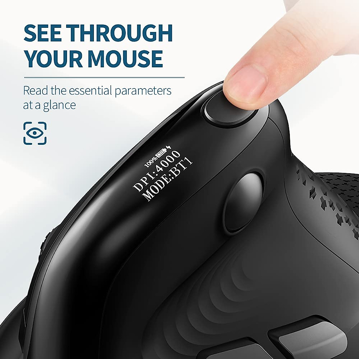 DeLUX Seeker Wireless Ergonomic Vertical Mouse with OLED Screen, BT and USB Receiver, Connect with Up to 4 Devices, Thumb Wheel, 4000DPI, Programmable Rechargeable Silent Mouse(M618XSD-Black)