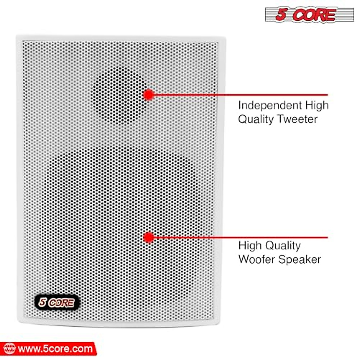 5 CORE Outdoor Speakers Stereo in Wall Speaker 100W Peak Passive Outside Surface Mount Wired Waterproof Patio House Garage Indoor Exterior Audio System Out Door Bocinas Para Casa - 13T WH 1PK