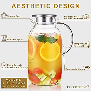 Glass Pitcher - Water Pitcher - Fridge Glass Pitcher with Lid Ice Tea Maker - 86OZ 18/8 Stainless Steel - Easy Clean Heat Resistant Borosilicate Glass Jug for Juice,Milk, Cold or Hot Beverages…