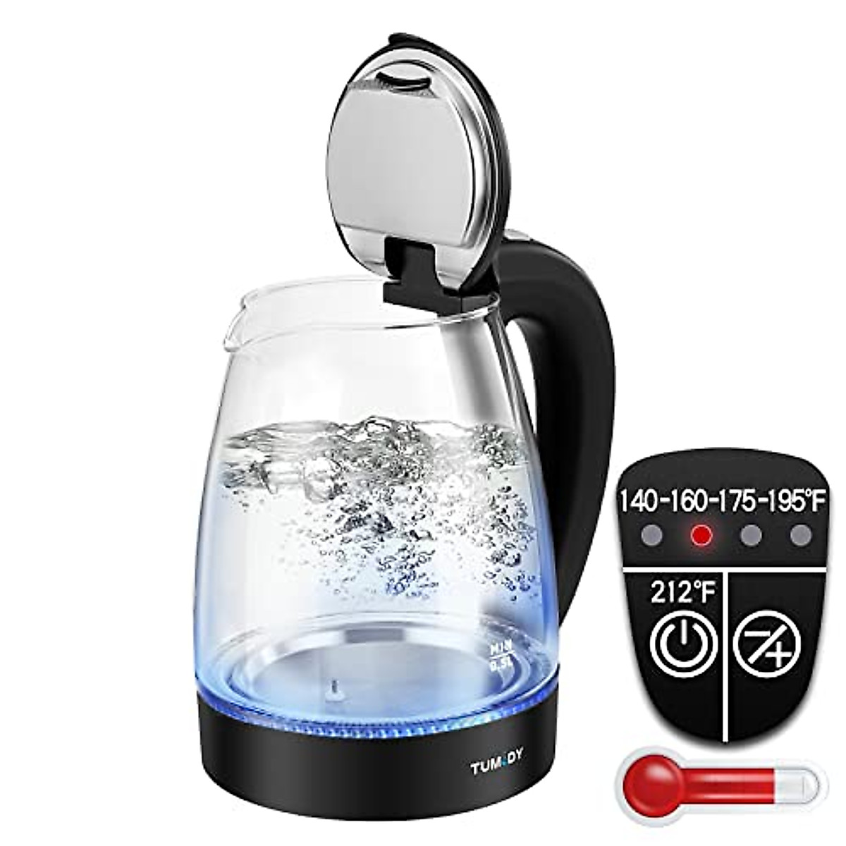 TUMIDY 1.7L Glass Electric Kettle Temperature Control Hot Water Boiler with 5 Colors LED Indicator and Keep Warm Function, 90°Open Fast Boil Auto Shut-Off Tea Heater Stainless Steel Inner Lid & Bottom