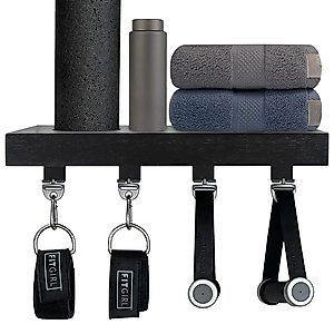 Butizone Tonal Accessory Shelf, Black Wood Tonal Accessory Floating Shelf, Home Gym Accessories Storage Rack with 5-pcs T-Lock Clips Hooks