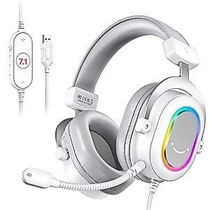 FIFINE USB Gaming Headset, PC Headphones Wired with Microphone for Computer/Laptop/PS4, Over-Ear RGB Headset with 7.1 Surround Sound, Noise Cancellation for Streaming Video Game- AmpliGame H6 (White)