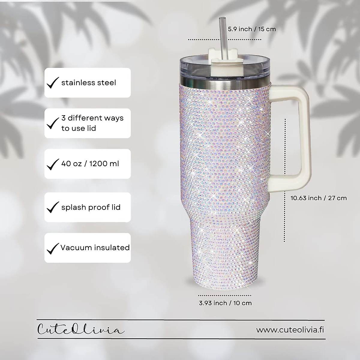 cuteolivia 40 Oz Tumbler With Handle Studded Tumbler With Lid and Straw Insulated Stainless Steel Double Wall Water Cup Travel Mug Water Bottle Tumblr For Women (40 oz 1200 ml, White)