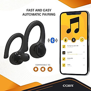 Coby True Wireless Bluetooth Earbuds | Interchangeable Ear Hooks & Tips | Sweat-Resistant |14-Hours Play Time | Drop-Proof Charging Case | Wireless Headphone w. On-Ear Controls | Gym Ready | Black