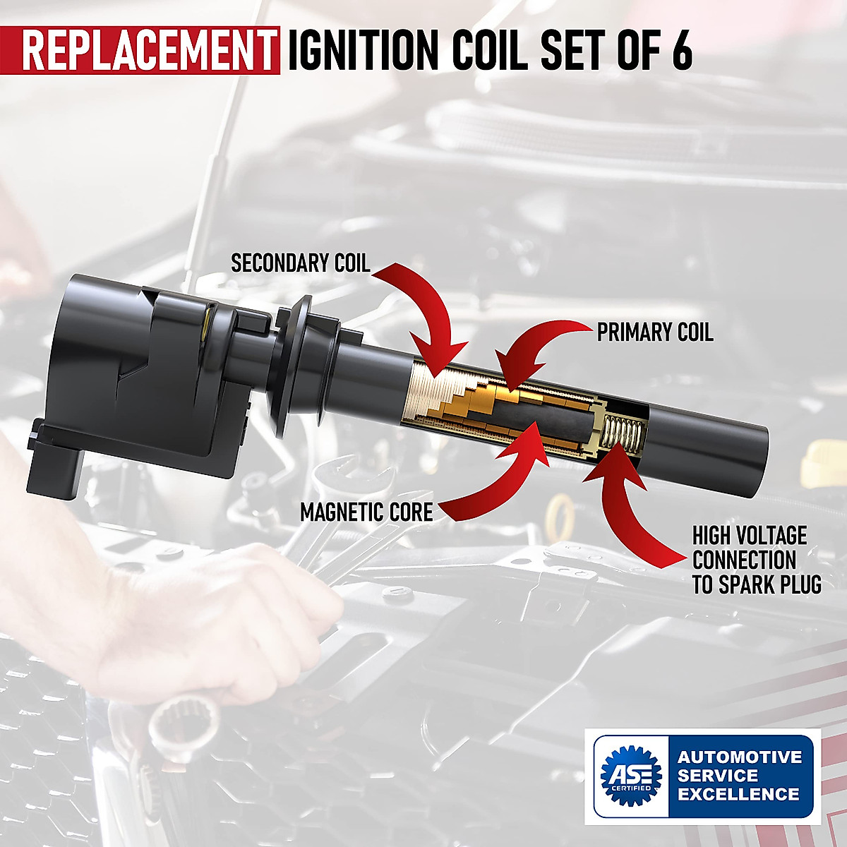 Ignition Coil Pack Set of 6 - Compatible with Ford, Mazda, Mercury 3.0L V6 Models - Replaces 18LZ-12029-AB, 18LZ-12029-AA, 2M2Z-12029-AC, DG500, DG513 - Fits 01, 02, 2003, 2004, 2005 Escape, Taurus