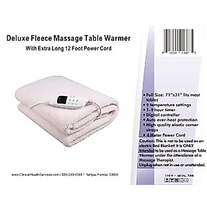 Deluxe Fleece Massage Table Warmer, w/ 12 Foot Power Cord. for Use with Massage Tables Only, Do Not Use as a Bed Blanket Warmer. Note it Does NOT GET HOT! Maximum Temperature is About 88 Degrees F