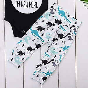 Hello Im New Here Infant Baby Boy Dinosaur Outfit Romper Pant Hat Clothes Set (0-3 Months, Black+White)