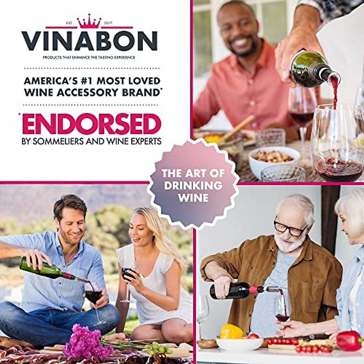 VINABON Wine Aerator – New 2023 Premium Wine Aerating Pourer and Wine Air Aerator Decanter Spout – Improves Wine Flavor & Bouquet. Includes WineGuide Ebook
