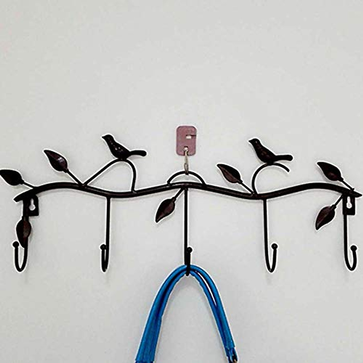 SUODAO Decorative Rustic Tree Branch & Birds Wall Mounted Metal 5 Coat Hook,Hanging Robe Hanger Leaf Coat Wall Decor Holder(Black)