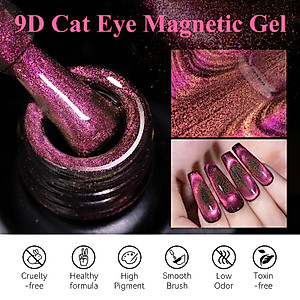 MIZHSE 9D Cat Eye Gel Nail Polish, Pink Magnetic Gel Polish with Magnet Stick, Magic Shimmer Galaxy Effect Holographic Glitter Silky Cat Eye Nail Polish Soak Off Nail Art Salon Manicure DIY at Home
