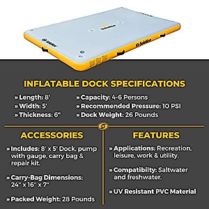 SOLSTICE ORIGINAL Floating Inflatable Dock Platform 8 X 5 FT Float For Lake Boat Pool Ocean | Water Mat Swim Deck Raft For Multiple Adults Kids Dogs | Heavy Duty Dropstitch 6 Inch Thick W/ Bag-&-Pump